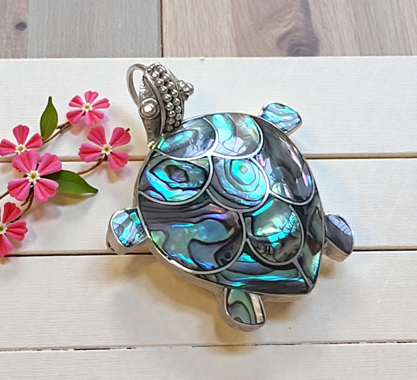 Paua Shell & 925 Sterling Silver Turtle Pendant/Pin [288] - $45.00 ...